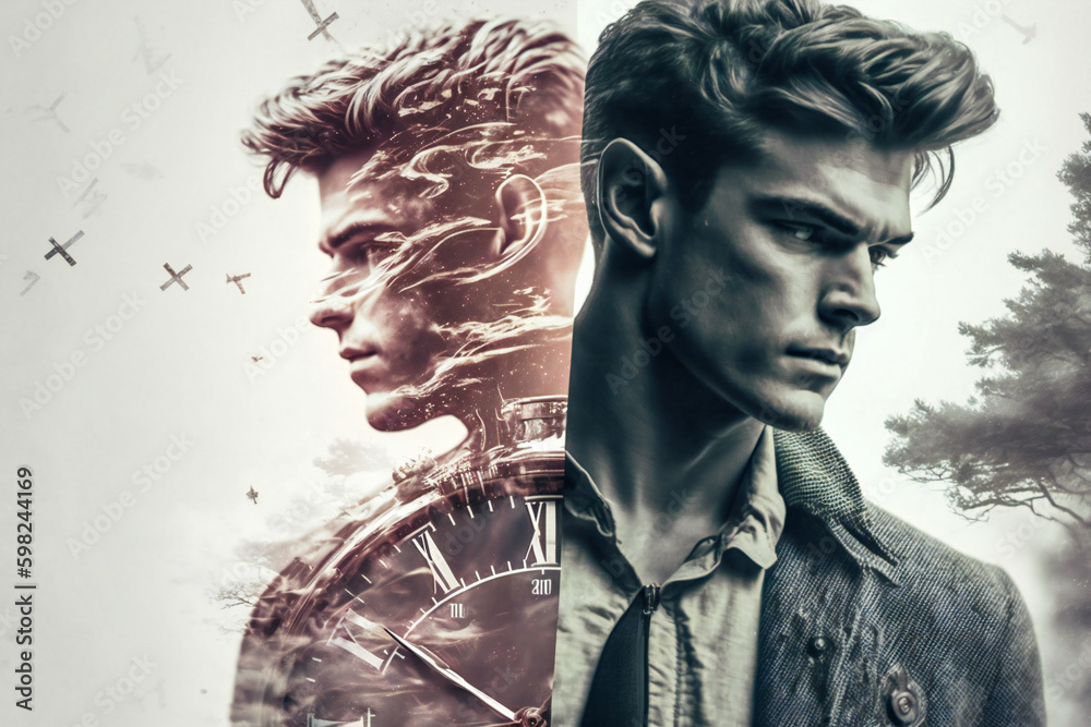 Illustration of a young man, double exposure with a clock. Time travel ...