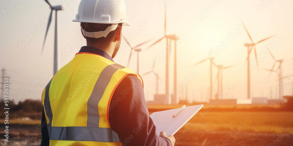 male worker of windmill engineer, wind turbine field or farm, clean ...