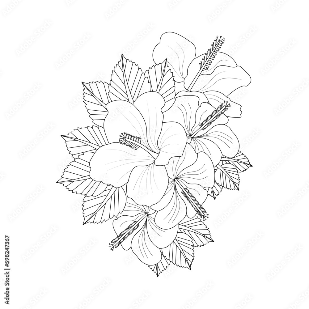 Hibiscus Flower Drawing Coloring Page With Doodle Art Line Art Vector ...