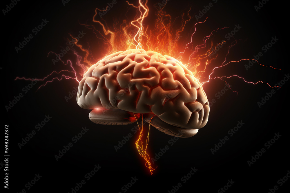 Human brain with energy waves showing neuron firing, psychological ...