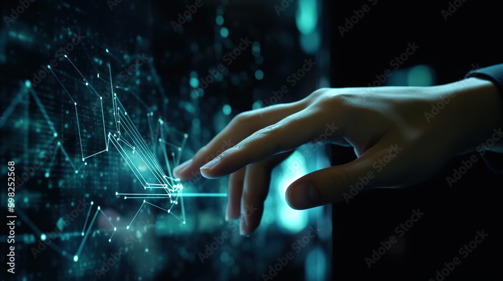 User's hands interacting futuristic technological holographic blue ... User's hands interacting futuristic technological holographic blue ...