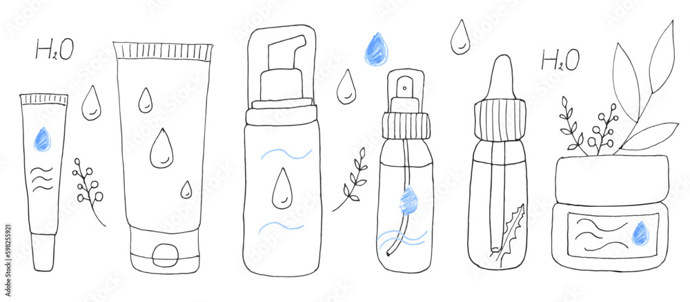 Set of skin moisturizing products, cream, lotion, serum in bottles and ...