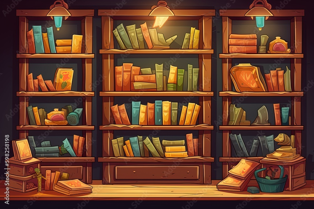 Bookshelf background in mobile games cartoon style. Generated ai. Stock ...