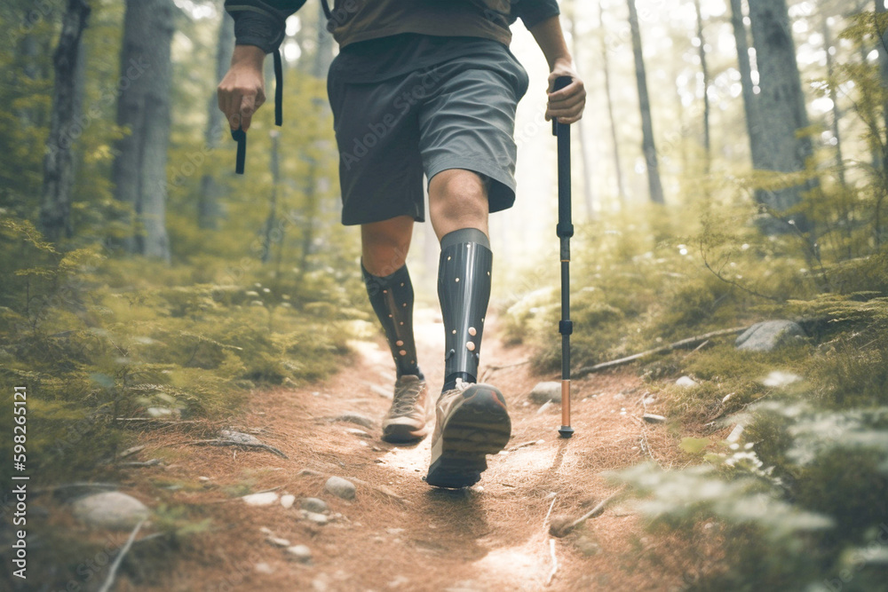 Closeup of man with prosthetic leg hiking in the woods during spring ...