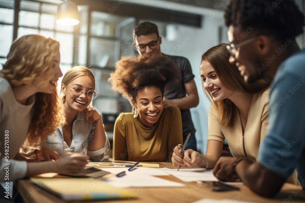 Group of young office workers collaborating and brainstorming in a ...