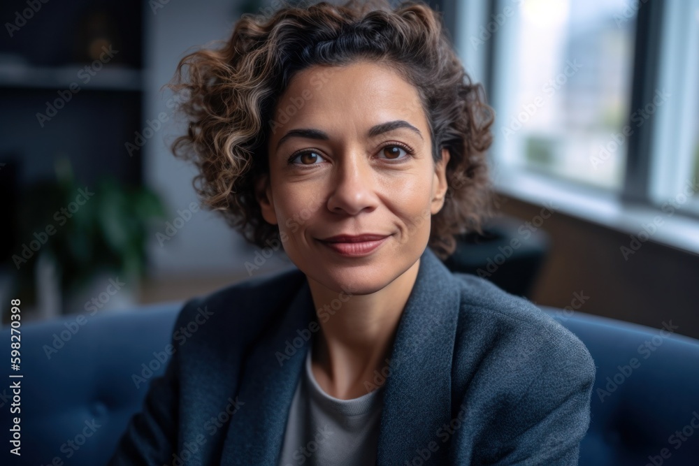 Hispanic female executive exuding confidence in a modern office setting ...