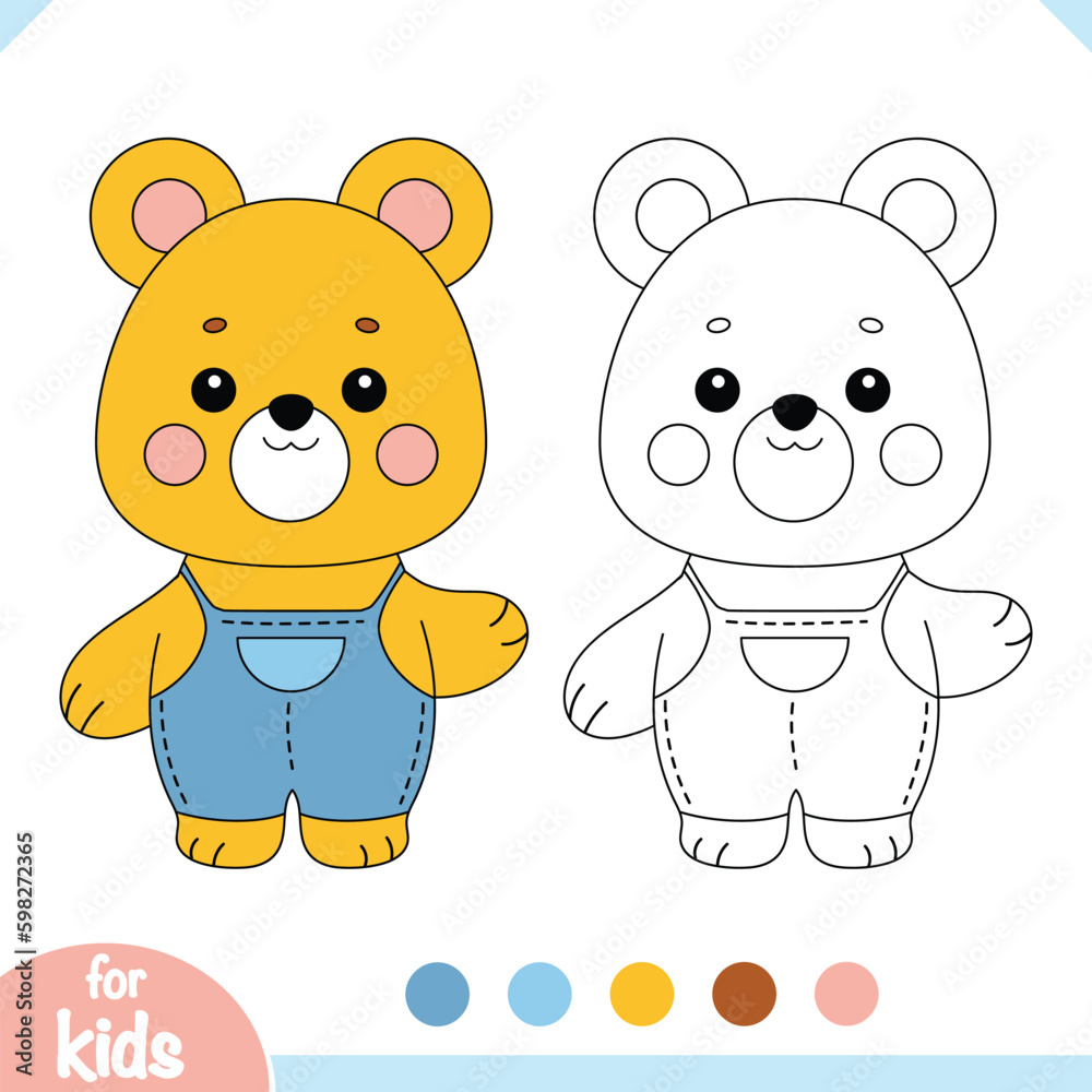 Coloring book for kids, Cute little bear character in denim overalls ...