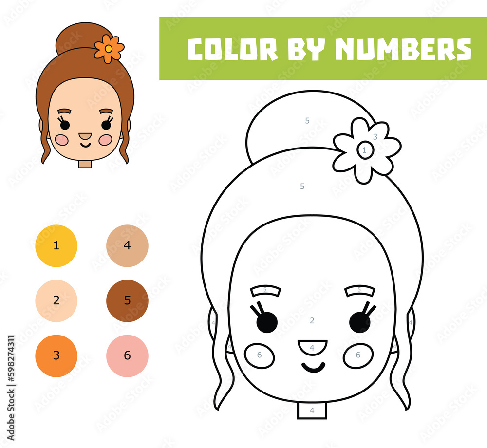 Color by number, education game for kids, Cute cartoon girl face with a ...