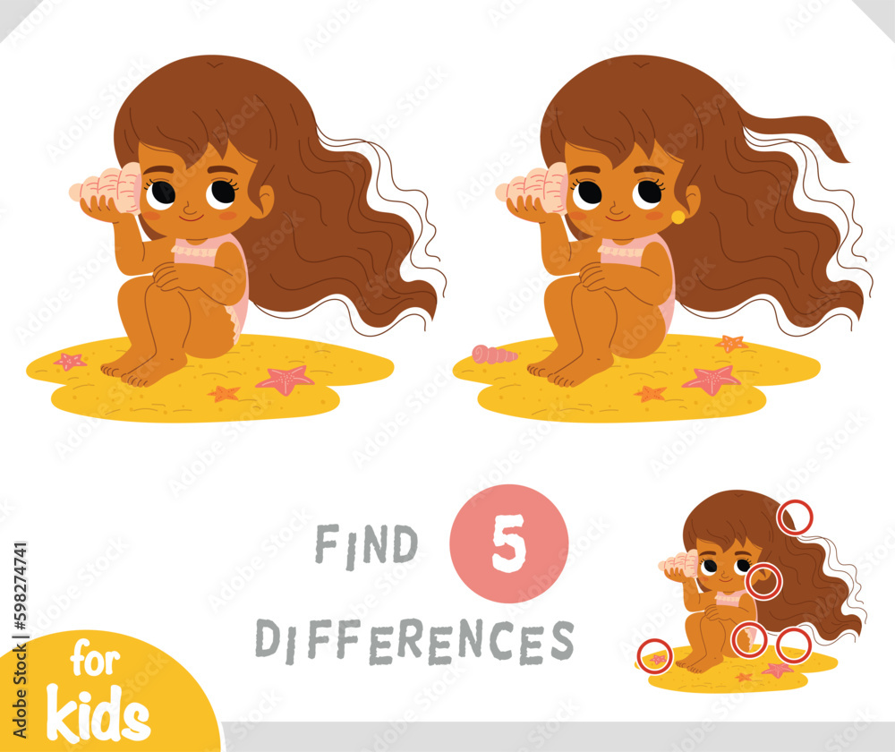 Find differences educational game for children, Cute cartoon girl sits ...