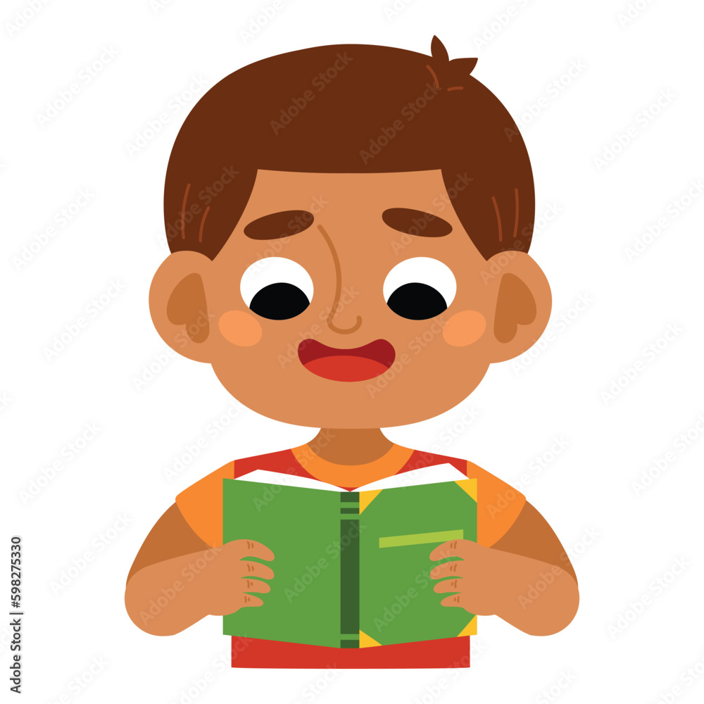 Cartoon vector illustration, Cute cartoon boy reading a book Stock ...