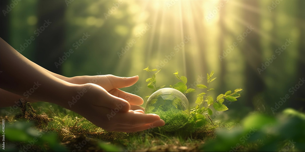 Hands Holding Globe Glass In Green Forest with warm sunlight - Environment Concept ...