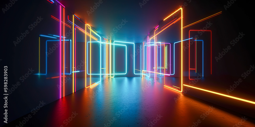 AI generated abstract space red blue pink neon background with cuboid ...