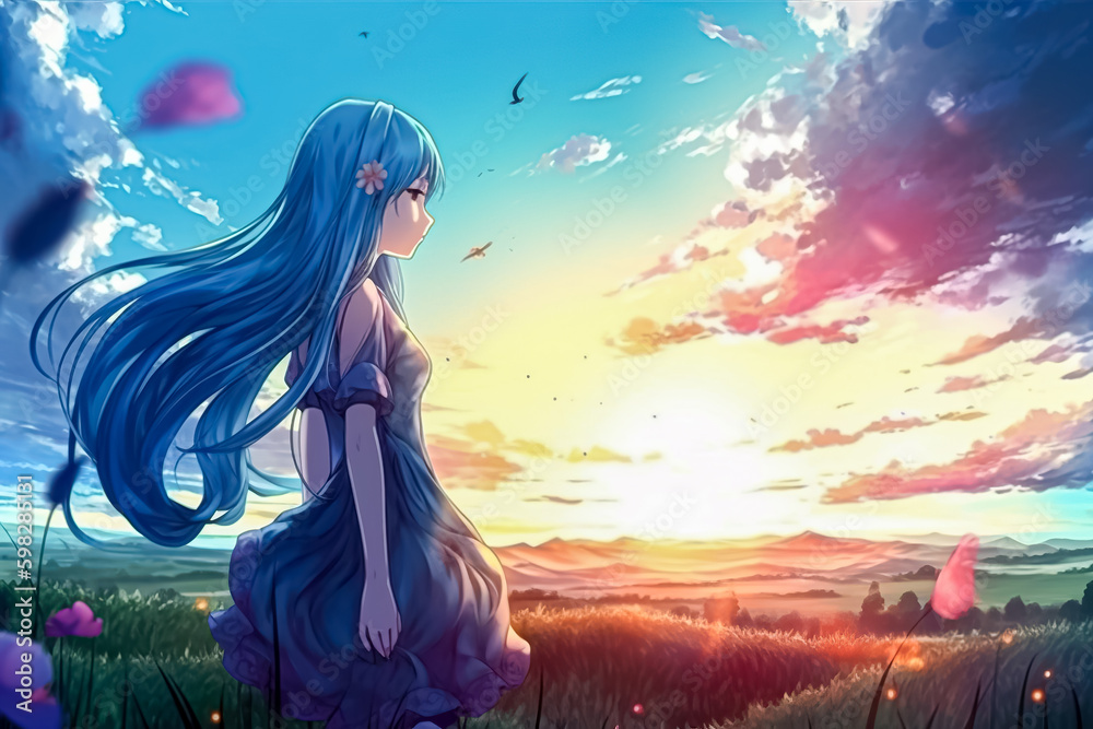 anime illustration of a beautiful girl sitting on the top of a mountain ...
