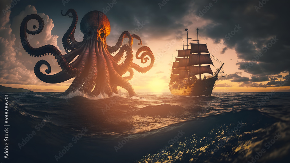 Giant monster Kraken attacks wood ship in sea. Cthulhu octopus with tentacles underwater and ...