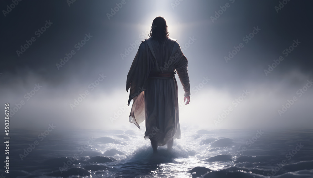 Back view Jesus Christ walking on water with sun light. Biblical Series ...
