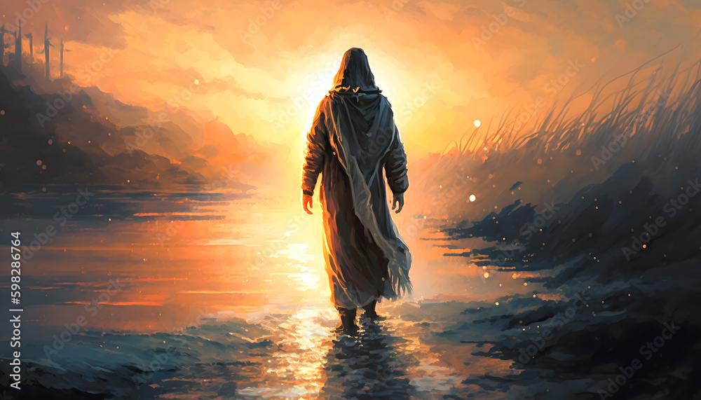 Back view Jesus Christ walking on water with sun light. Biblical Series ...