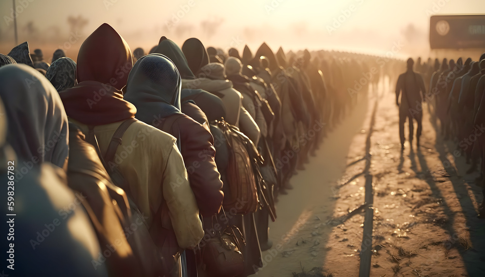 Refugee immigrants queue along high border of country. Generation AI ...