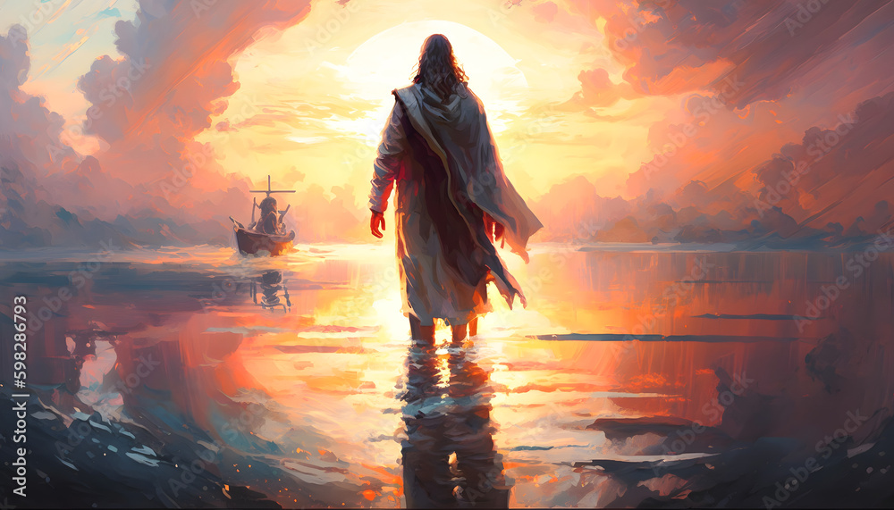 Back view Jesus Christ walking on water with sun light. Biblical Series ...
