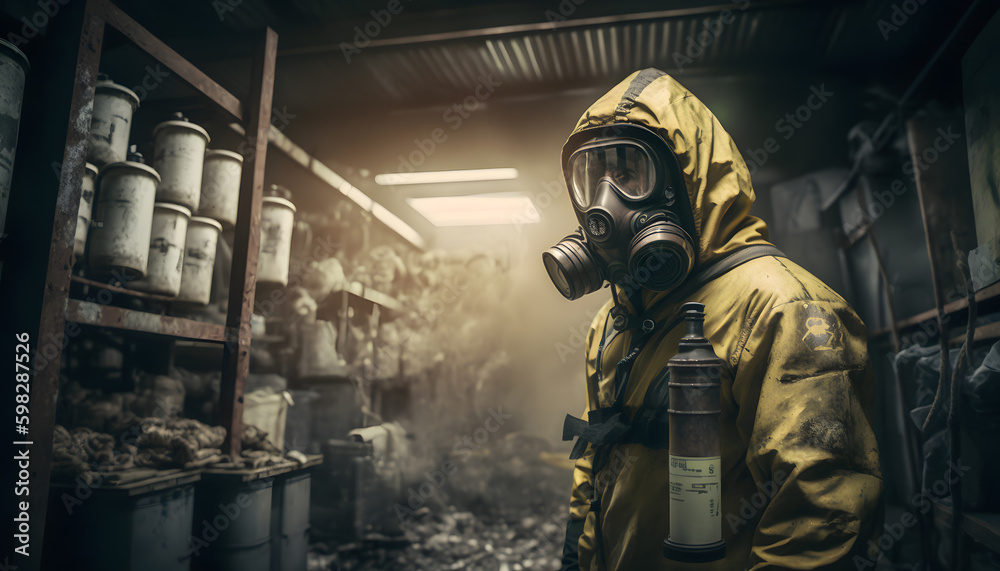 Man in nuclear radiation protection costume yellow in bomb shelter ...