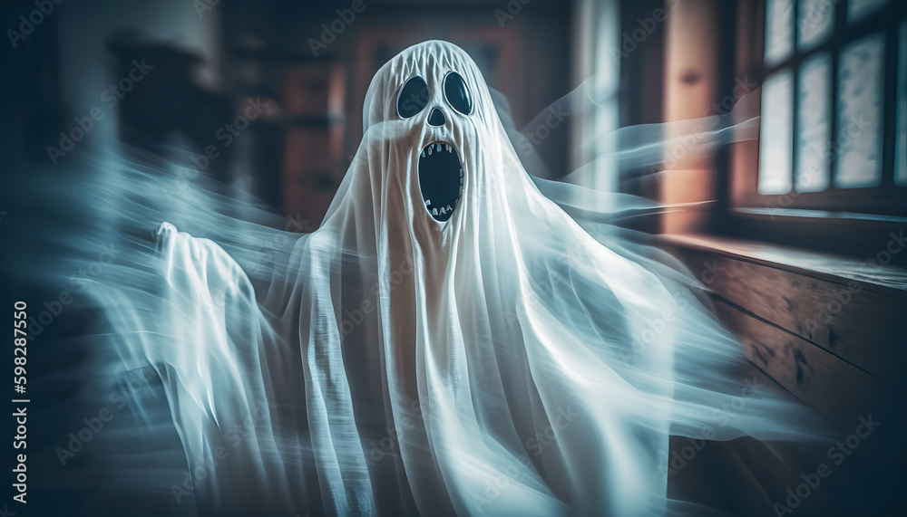 Ghost spook in old castle, horror in house Halloween. Generation AI ...