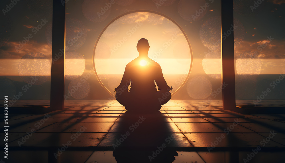 Yoga silhouette of human in cosmic space meditate with sun light. Back view man practicing ...