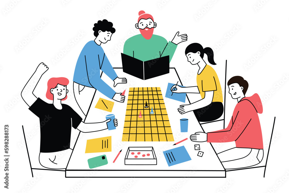 Friends playing roleplay board game. Hand drawn composition of tabletop ...