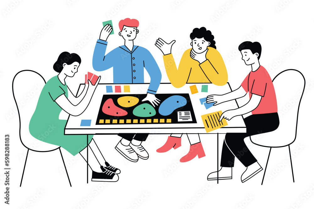 Friends playing board game. Hand drawn colored composition of tabletop ...