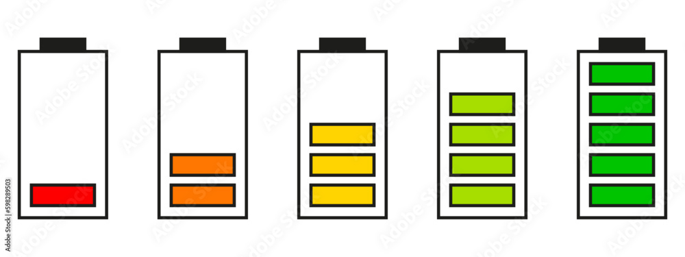 Set of vertical battery level indicators in percentage vector. Battery ...