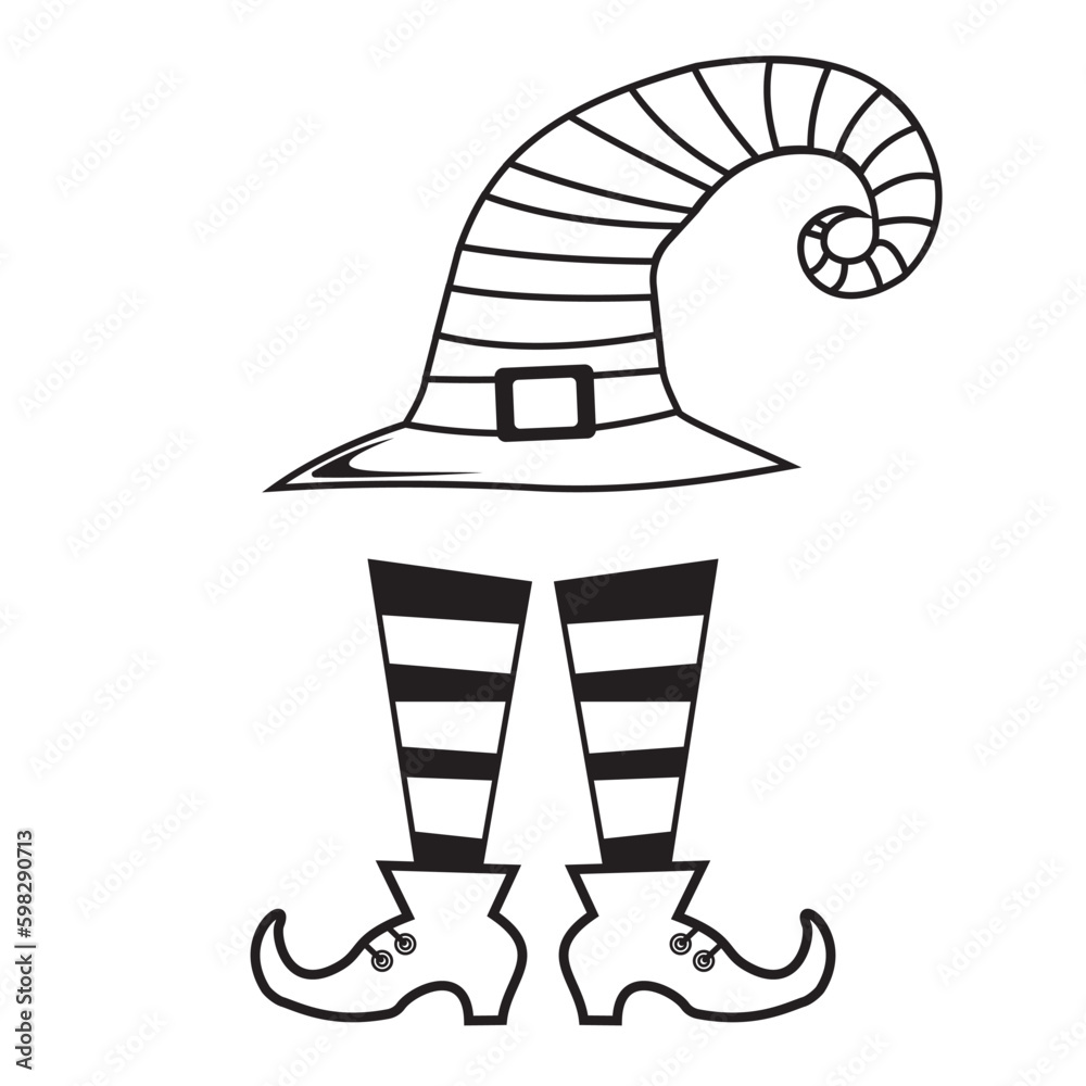 Hat and legs of a witch in stockings and boots, black outline, vector ...