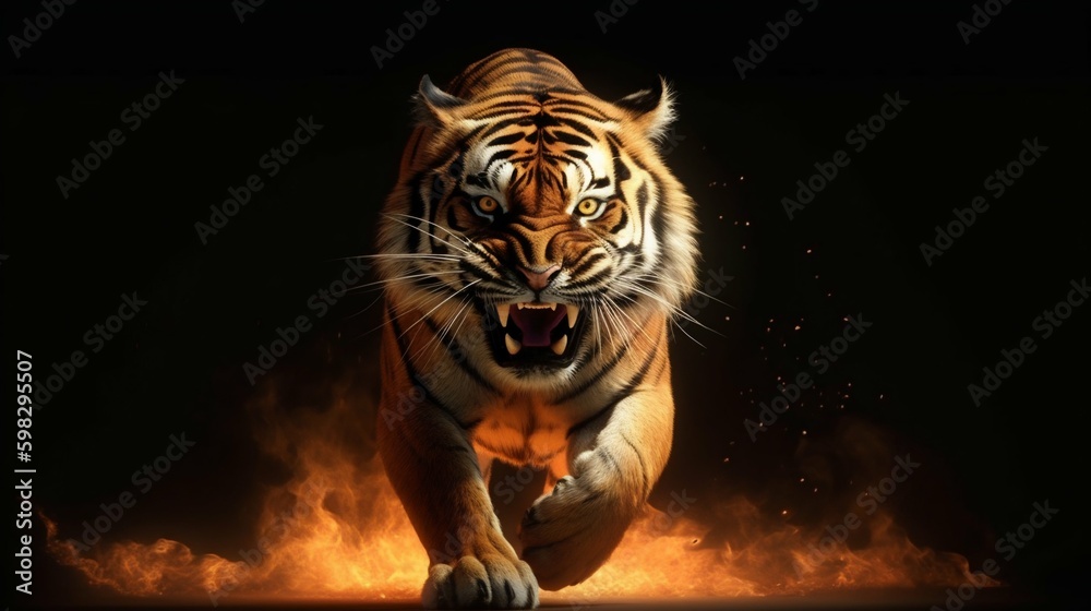 Fierce Tiger Jumping and Roaring with Chains and Flames in Red and ...