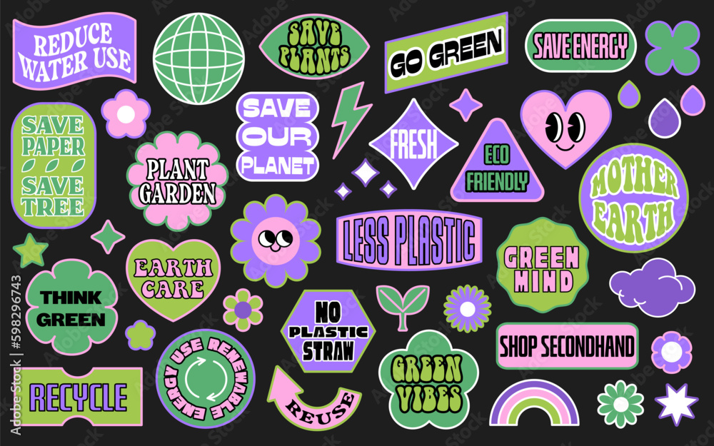 Save the planet stickers in trendy retro cartoon groovy style. World ...
