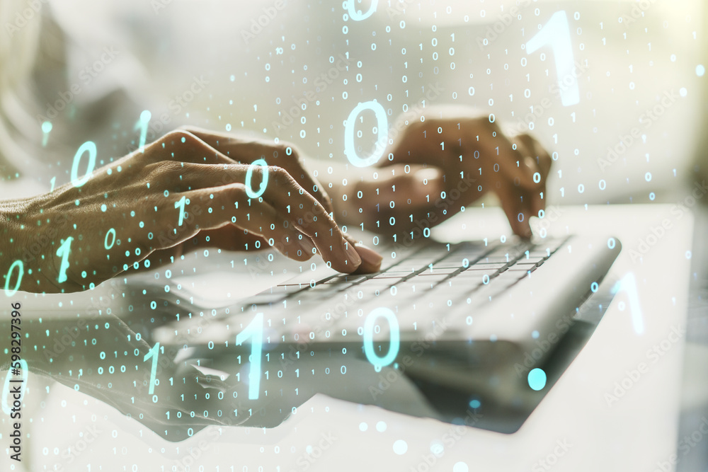 Creative Abstract Binary Code Sketch And Hands Typing On Computer Keyboard On Background