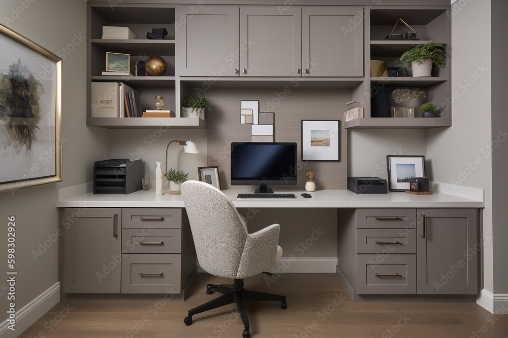 Well-appointed home office, built-in desk, ergonomic chair, storage ...