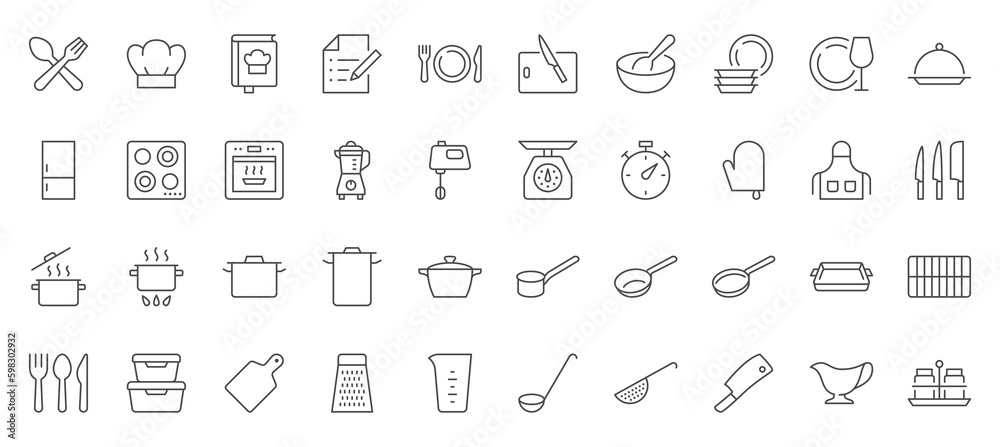 Cooking line icons set. Kitchen utensil - pan, oven, cookbook, saucepan ...
