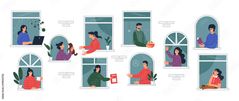 Neighbor community, coliving, city windows with people. Good home ...