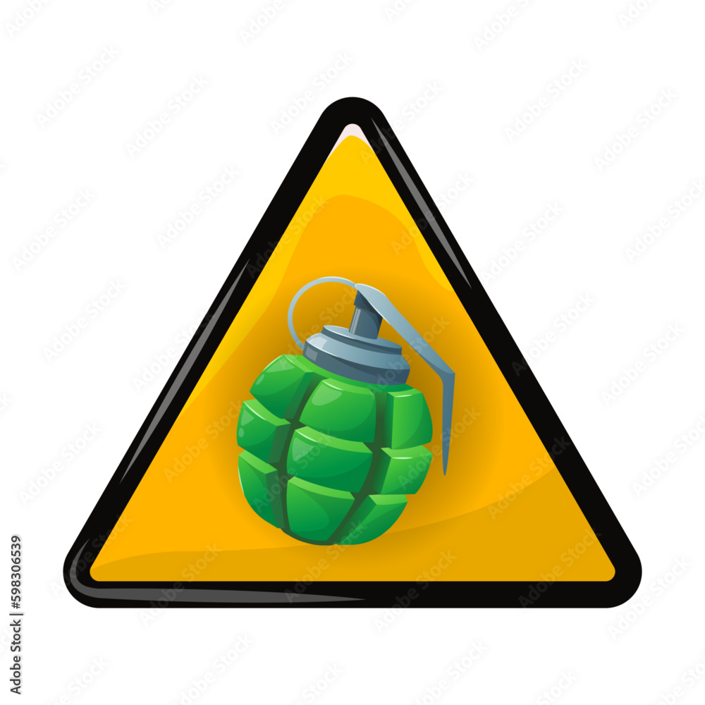 Warning grenade sign, grenade isolated on yellow triangle. Danger zone ...