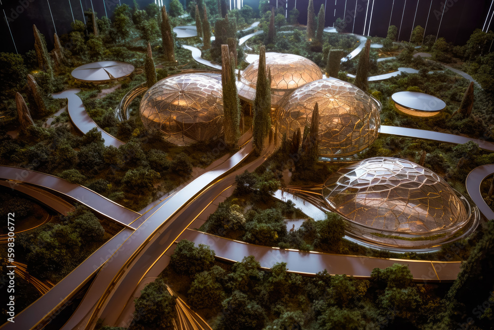 A layout of a future city with sci fi building with dome shaped houses ...