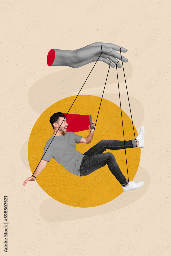 Vertical design collage photo of young man zombie addicted hold phone ...