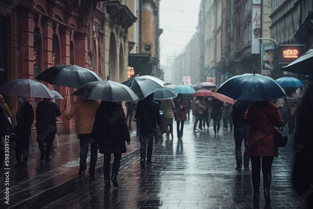 People walking on city streets with umbrellas on a rainy day. Ai ...
