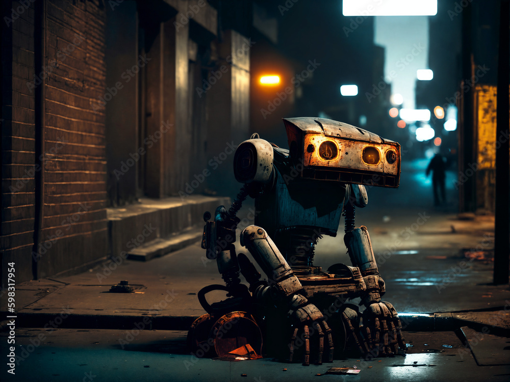 A homeless rusty worn out robot with a sad depressive expression on his ...