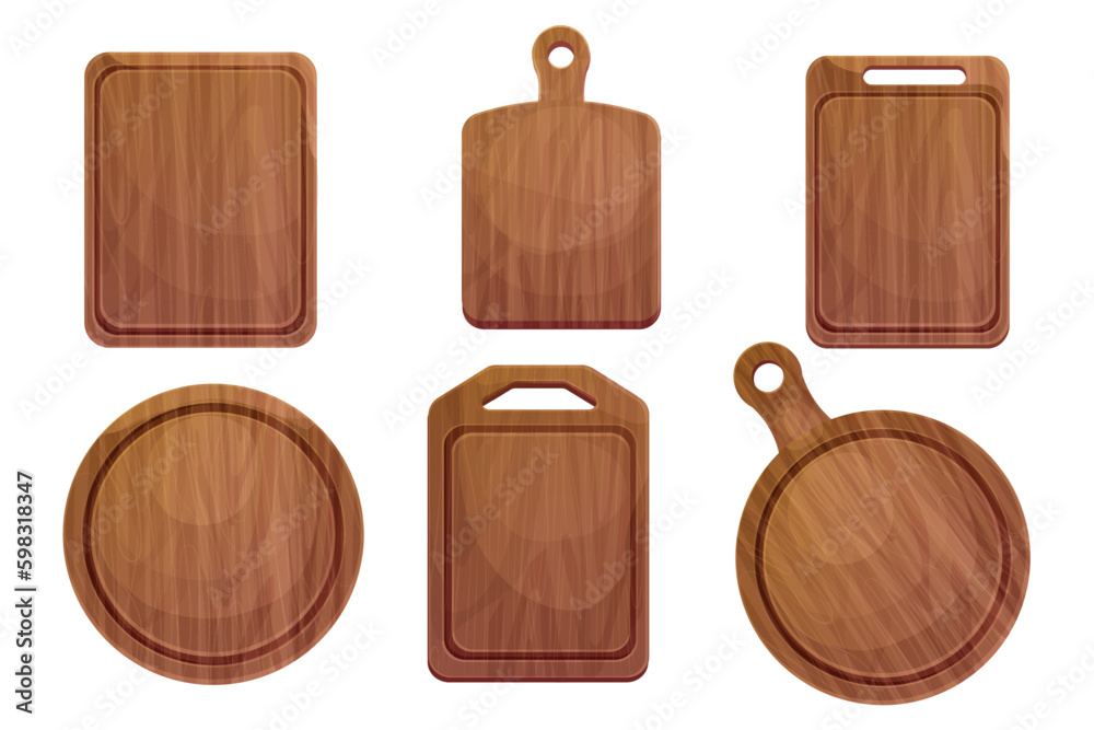 Set Cutting board wooden chopping desk top view in cartoon style ...