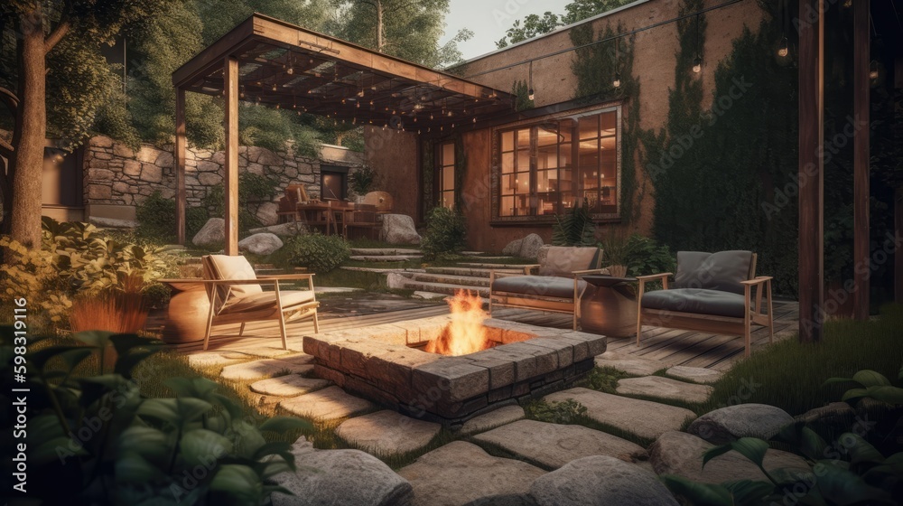 TV Area and Fire Pit in Backyard, Naturalistic Materials, Emerald and ...