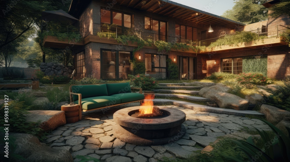TV Area and Fire Pit in Backyard, Naturalistic Materials, Emerald and ...