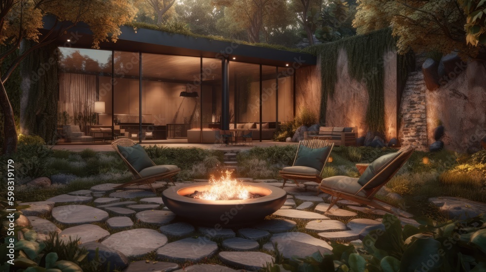 TV Area and Fire Pit in Backyard, Naturalistic Materials, Emerald and ...