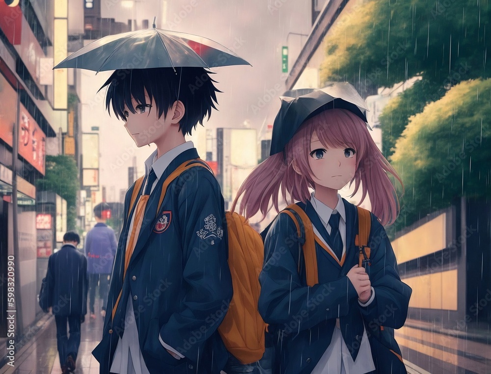 Anime school boys and girls roaming city in rain digital art ...