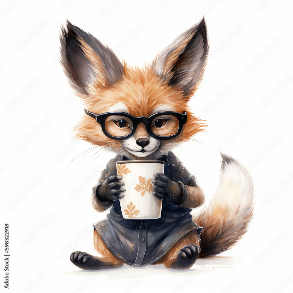 Fox drinking Coffee Clipart | Watercolor Digital Art | Watercolor Art ...