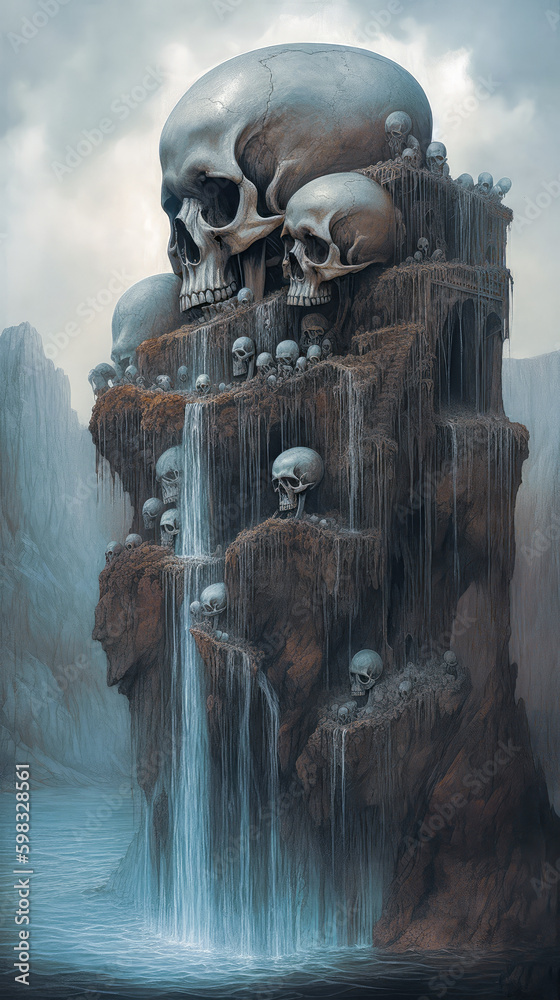 Epic Skull Cascading Waterfall Surreal, Gothic, Macabre, Haunting ...