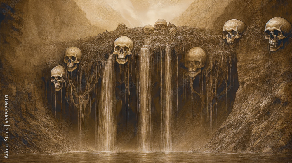 Epic Skull Cascading Waterfall Surreal, Gothic, Macabre, Haunting ...