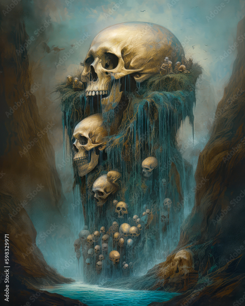 Epic Skull Cascading Waterfall Surreal, Gothic, Macabre, Haunting ...