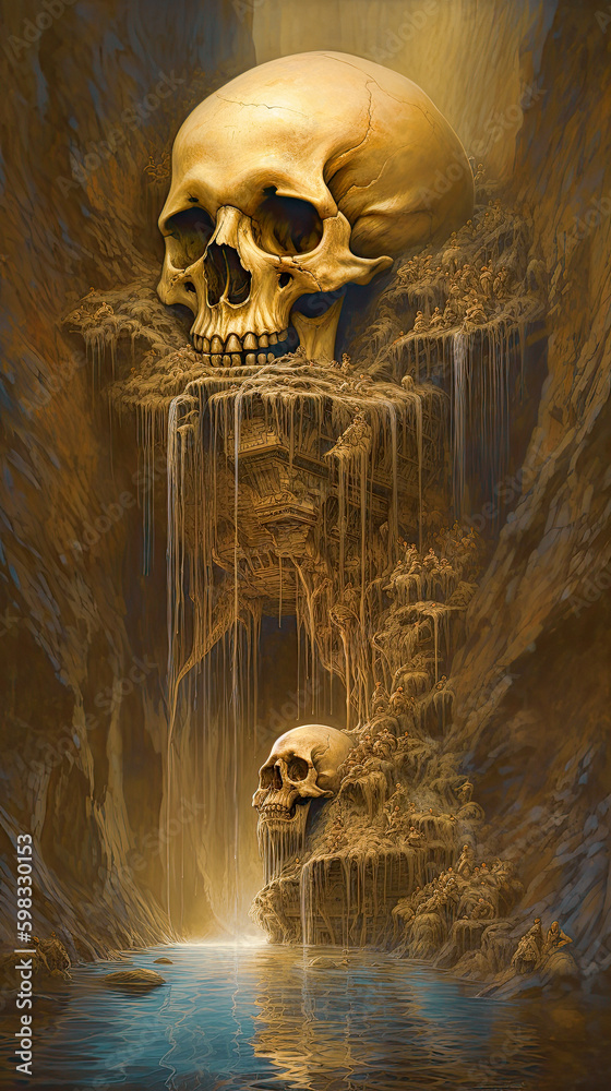 Epic Skull Cascading Waterfall Surreal, Gothic, Macabre, Haunting ...